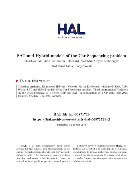 Pdf Sat And Hybrid Models Of The Car Sequencing Problem