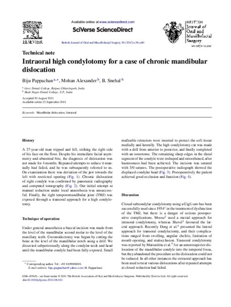Pdf Intraoral High Condylotomy For A Case Of Chronic Mandibular