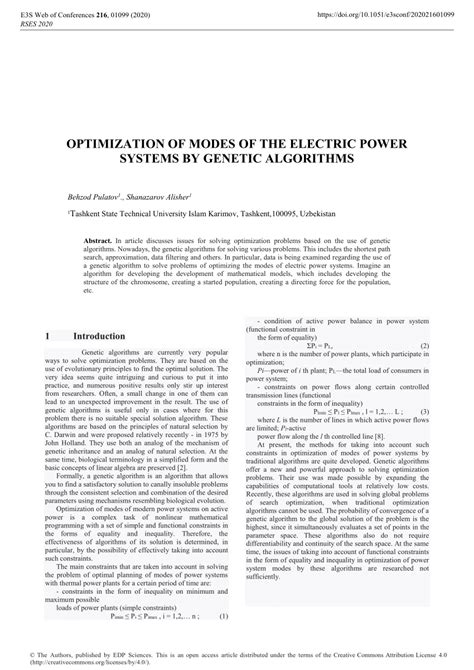 Pdf Optimization Of Modes Of The Electric Power Systems By Genetic Algorithms