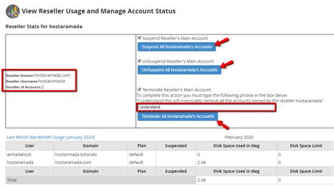 using the view reseller usage and manage account status feature in whm