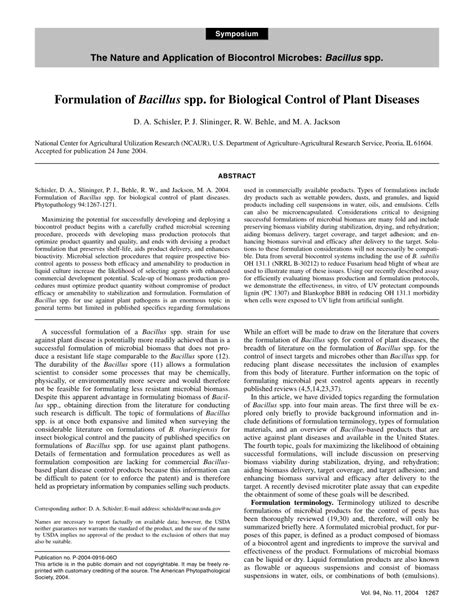 Pdf Formulation Of Bacillus Spp For Biological Control Of Plant Diseases