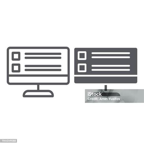온라인 설문 조사 라인 및 글리프 아이콘 컴퓨터 및 테스트 Pc 화면 표시 벡터 그래픽 흰색 바탕에 선형 패턴 10에 대한 스톡