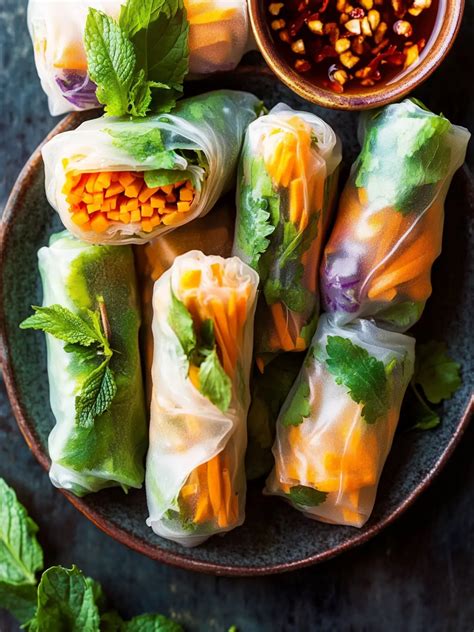 Delicious Vegetarian Vietnamese Spring Rolls With Fresh Herbs