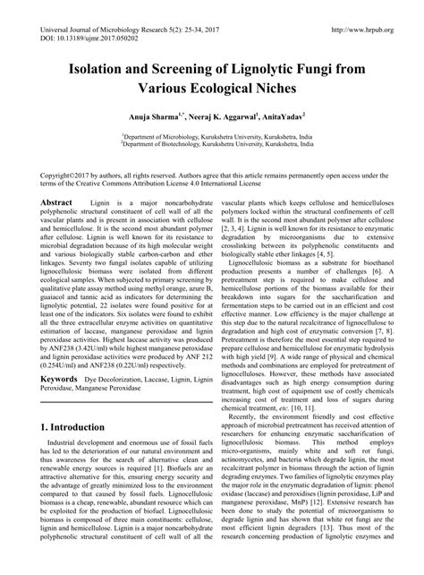 Pdf Isolation And Screening Of Lignolytic Fungi From Various