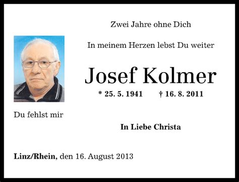 Traueranzeigen Von Josef Kolmer Rz Trauer De