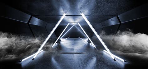 연기 네온 빛 미래 공상 과학 소설 생생한 푸른 어두운 배경 그래픽 복도 터널 우주선 외계인 차고 지하 모양의 레이저 빛나는 그런지 콘크리트 3d 렌더링 0명에 대한 스톡