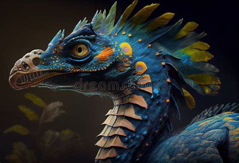 Close Up Of A Portrait Of A Peacock Dinosaur Stock Illustration