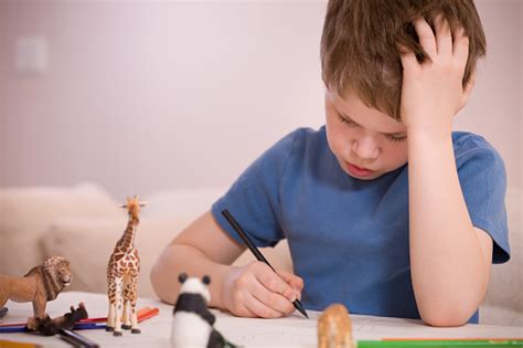 테이블에 앉아 컬러 페인트로 그리는 어린 학교 소년의 초상화 집에서 방과 후 활동 교육 손수 만든 카드를 만드는 작은 소년 가정 생활에 대한 스톡 사진 및 기타 이미지