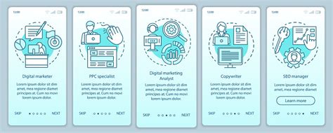 디지털 마케팅 전문 선형 개념과 모바일 앱 페이지 화면 온보딩 청록색 Seo 관리자 연습 단계 그래픽 지침입니다 Ux Ui 그림이 있는 Gui 벡터 템플릿 5에 대한 스톡