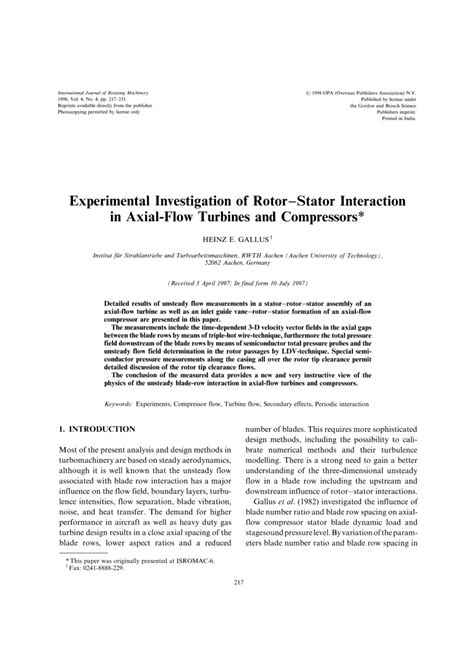 Pdf Experimental Investigation Of Rotor Stator Interaction In Axial Flow Turbines And Compressors