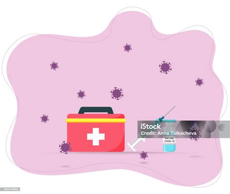 손과 주사기 응급 처치 키트 및 분홍색 배경의 바이러스로 둘러싸인 백신 병이있는 예방 접종 개념 편집된 Eps 10 파일 예방 접종 개념 플랫 벡터 그림입니다 감기와 독감에