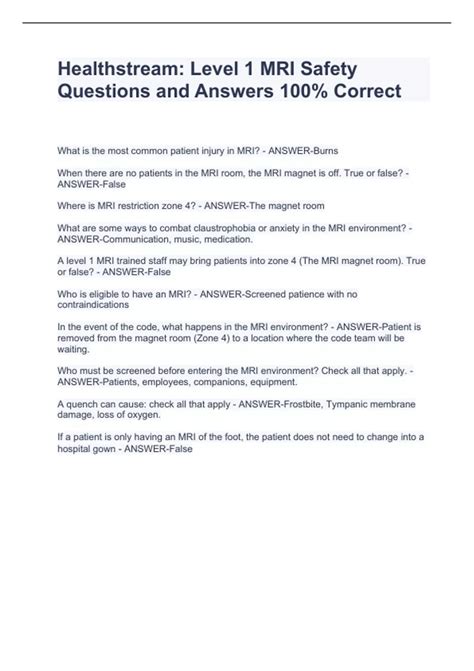 Healthstream Level 1 Mri Safety Questions And Answers 100 Correct