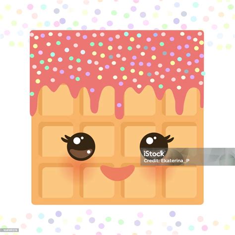 분홍색 뺨과 눈 흰색 바탕에 파스텔 색상으로 귀여운 벨기에 사각 와플 벡터 귀여운에 대한 스톡 벡터 아트 및 기타 이미지