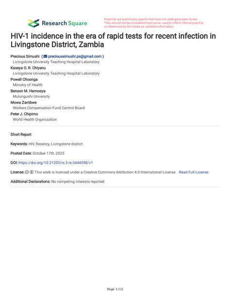 PDF HIV 1 Incidence In The Era Of Rapid Tests For Recent Infection In Livingstone District Zambia