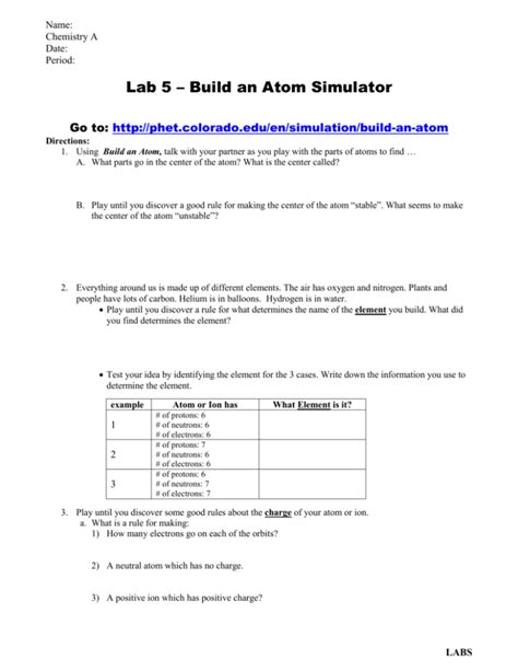 build an atom lab chemistry simulation worksheet