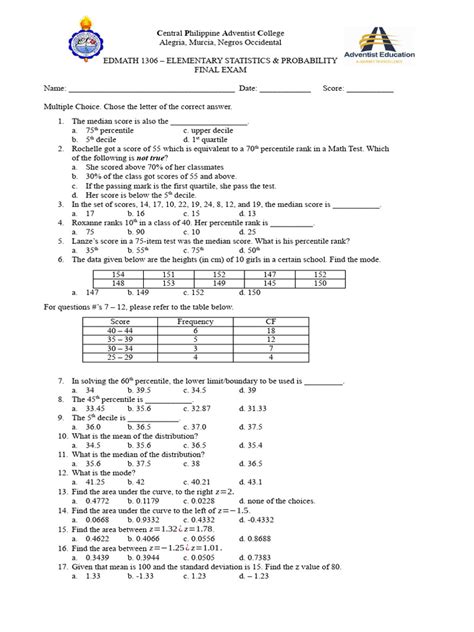 Statistics Exam Pdf Percentile Mean