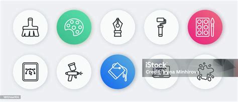 세트 라인 페인트 통 수채화 물감 상자 디자인 프로그램 롤러 브러시 만년필 펜촉 스프레이 및 총 아이콘이 있는 컴퓨터 벡터 개념에 대한 스톡 벡터 아트 및 기타 이미지