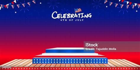 현대 미국 7 월 4 일 판매 할인 제품 전시 멧새와 미국 흔들리는 깃발 장식과 3d 무대 배너 템플릿 공백 비어 있음 복사 공간 벡터 디자인 4에 대한 스톡 벡터 아트 및