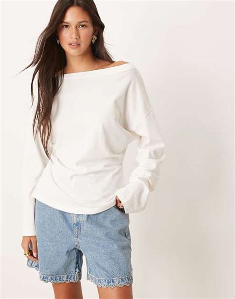 Asos Design Long Sleeve Off Shoulder Corset Waist Tee In White Asos