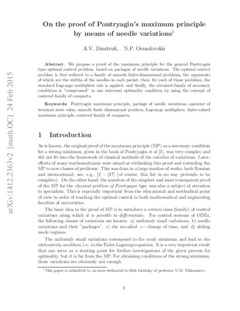 Pdf On The Proof Of Pontryagins Maximum Principle By Means Of Needle Variations