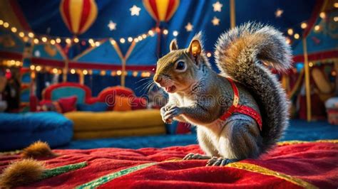 Adorable Circus Squirrel Posing On Red Velvet Stock Illustration Illustration Of Performance