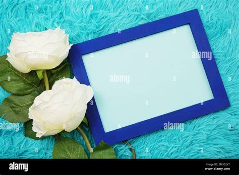 Flat Lay Mock Up Space Photo Frame With Peony Flower Decoration Stock