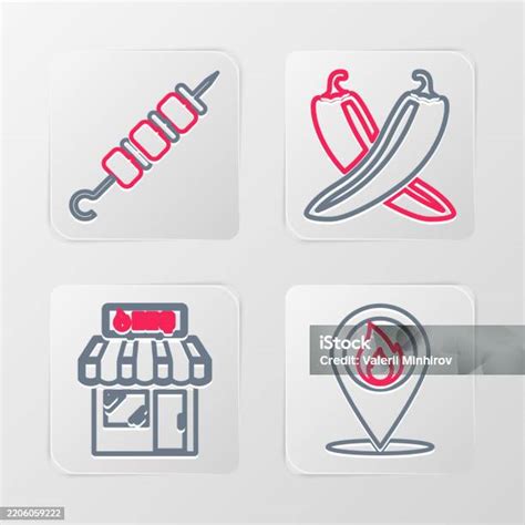 불 불꽃 바베큐 쇼핑 건물 교차 핫 칠리 페퍼 포드 및 구운 시시 케밥 아이콘이있는 라인 위치 설정 벡터 고기에 대한 스톡 벡터 아트 및 기타 이미지 Istock
