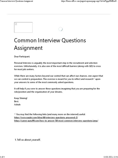 Common Interview Questions Assignment Pdf Leadership Cognition