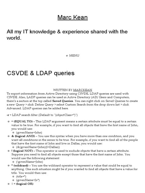 Csvde And Ldap Queries Marc Kean Pdf Active Directory Computing