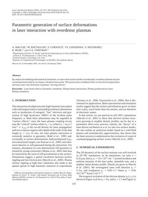Pdf Parametric Generation Of Surface Deformations In Laser Interaction With Overdense Plasmas
