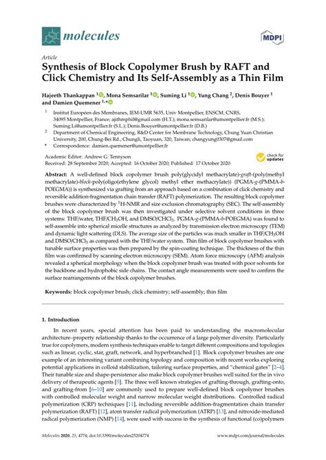 Pdf Synthesis Of Block Copolymer Brush By Raft And Click Chemistry And Its Self Assembly As A