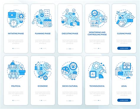 Pestle In Project Management Blue Onboarding Mobile App Screen Set