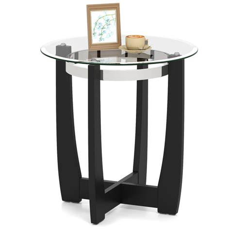 24 Inches Round Side Table With Tempered Glass Top And Solid Rubber