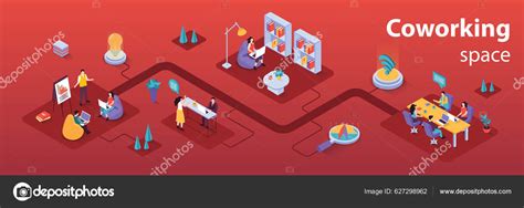 Coworking Space Concept Isometric Infographics Web Banner People Work Open Stock Vector By