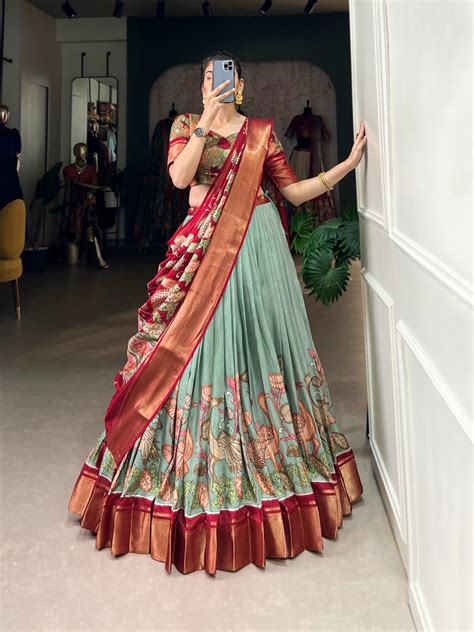 Dola Silk Kalamkari Printed Half Saree Lehenga Choli Material Rsm