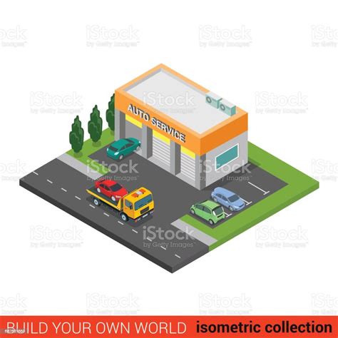3 차원 Isometric 자동 자동차 수리 서비스 빌딩 블록 Infographic 개념 평면 중소기업 3 상자와 구조 견인 트럭 거리도 주차 서비스 빌드 자신의