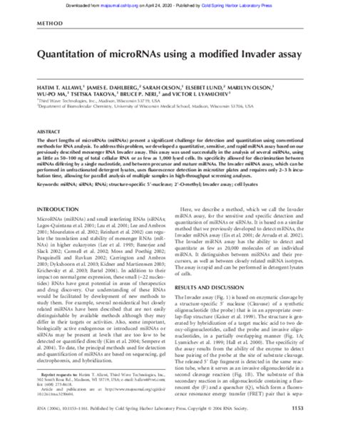 Pdf Quantitation Of Micrornas Using A Modified Invader Assay