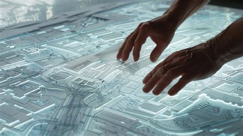 Architect S Hands Working On Detailed Map Of Futuristic City With