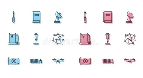Set Line Video Graphic Card Keyboard And Mouse Screwdriver Drone Flying Syringe Neural