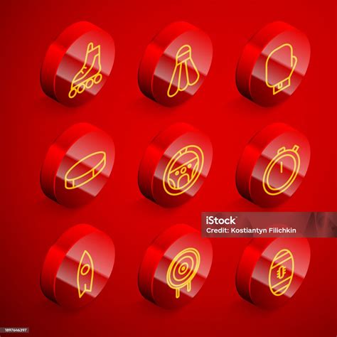 세트 라인 롤러 스케이트 배드민턴 셔틀콕 권투 글러브 하키 퍽 스티어링 휠 스톱워치 서핑 보드 및 대상 스포츠 아이콘 벡터 3차원 형태에 대한 스톡 벡터 아트 및 기타