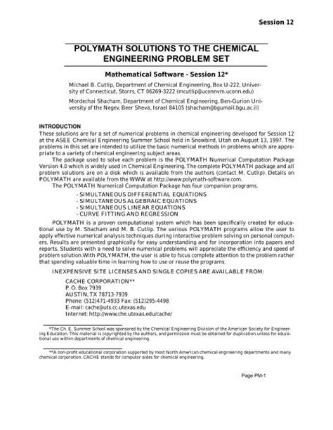 Polymath Solutions To The Chemical Engineering Problem Set