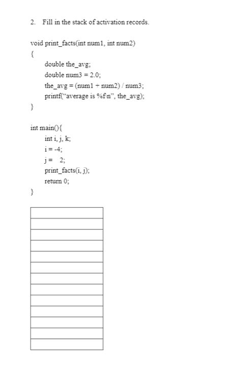 Solved 2 Fill In The Stack Of Activation Records Void