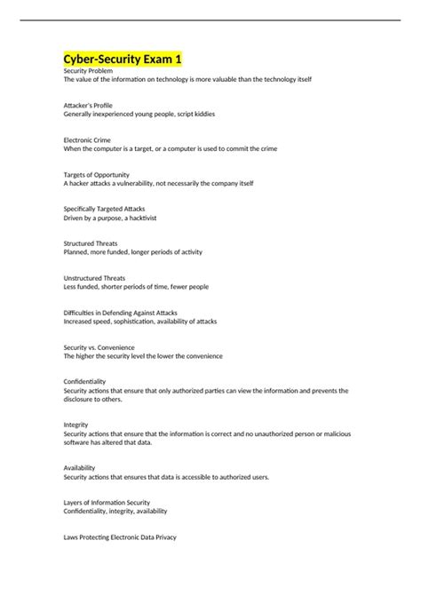 Cyber Security Exam 1 Complete With A Graded Answers Cybersecurity Stuvia US