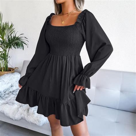 Vestido Con Escote Cuadrado Y Manga Fruncida Con Volantes Negro Sg