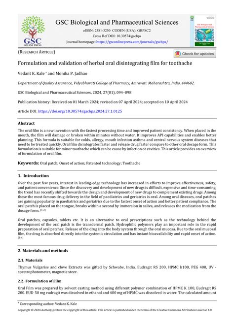 Pdf Formulation And Validation Of Herbal Oral Disintegrating Film For Toothache