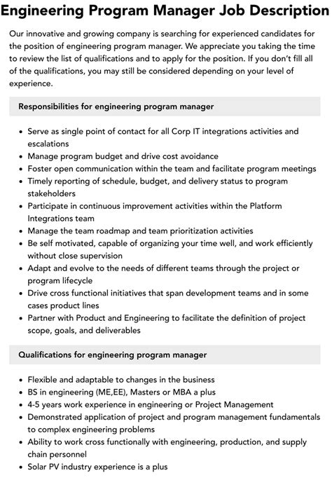 Engineering Program Manager Job Description Velvet Jobs