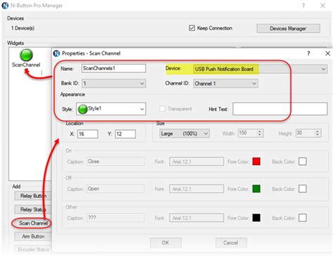 set up usb push notification board with n button serial port tool
