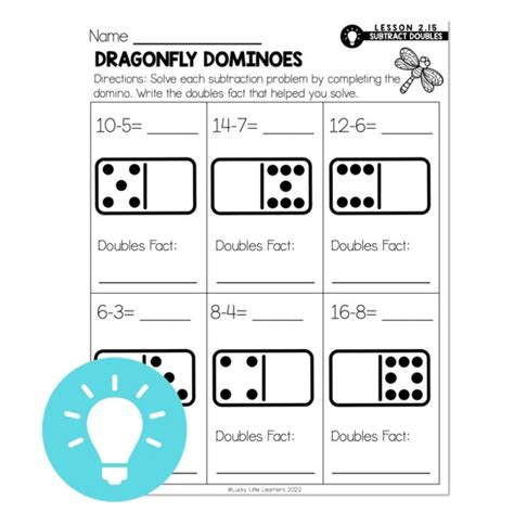 Lucky To Learn Math Subtract Doubles Lesson 215 Mini Lesson Dragonfly Dominoes Lucky