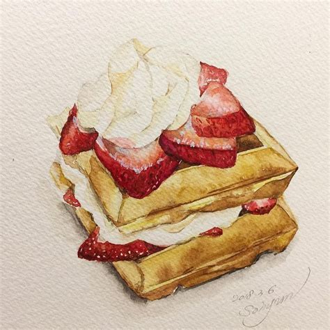어제보다 마음에드니까 성공 와플 딸기생크림와플 수채화 수채화일러스트 일러스트 베리현 Strawberry Cake Waffle Waffles