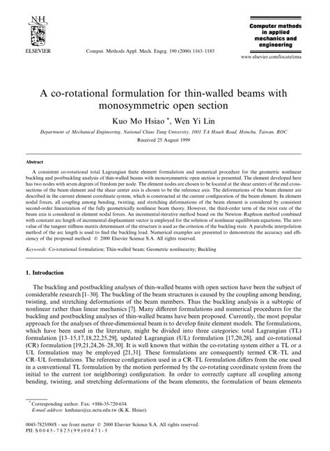 Pdf Co Rotational Formulation For Thin Walled Beams With